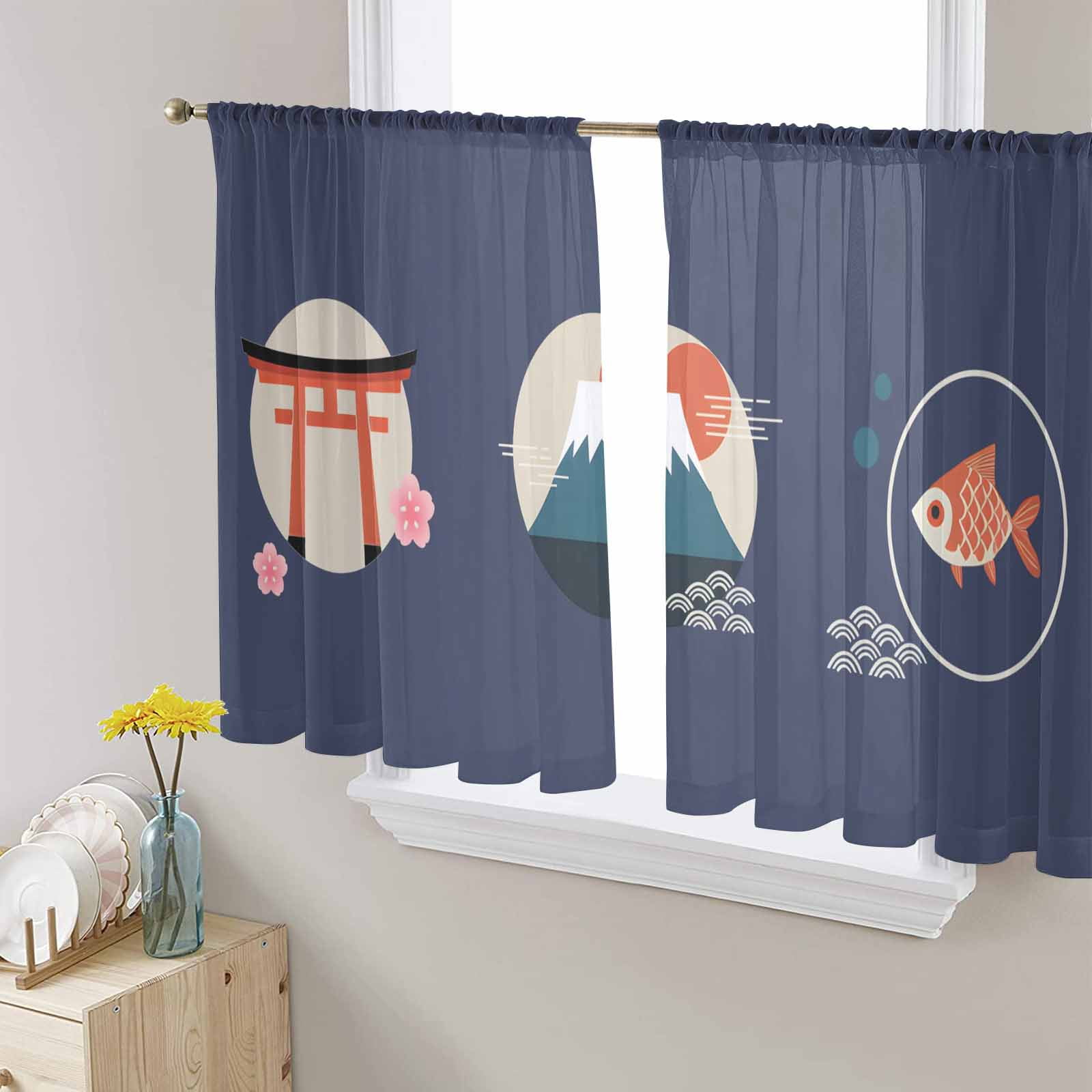 Blue Japanese Sheer Curtains 54 Inches Length 2 Panels Set, Window ...