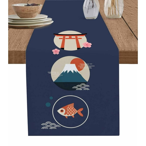 Blue Japanese Table Runner 72 Inches, Harmony Cherry Mount Fuji Cartoon Wave Fish Bed Runner ...