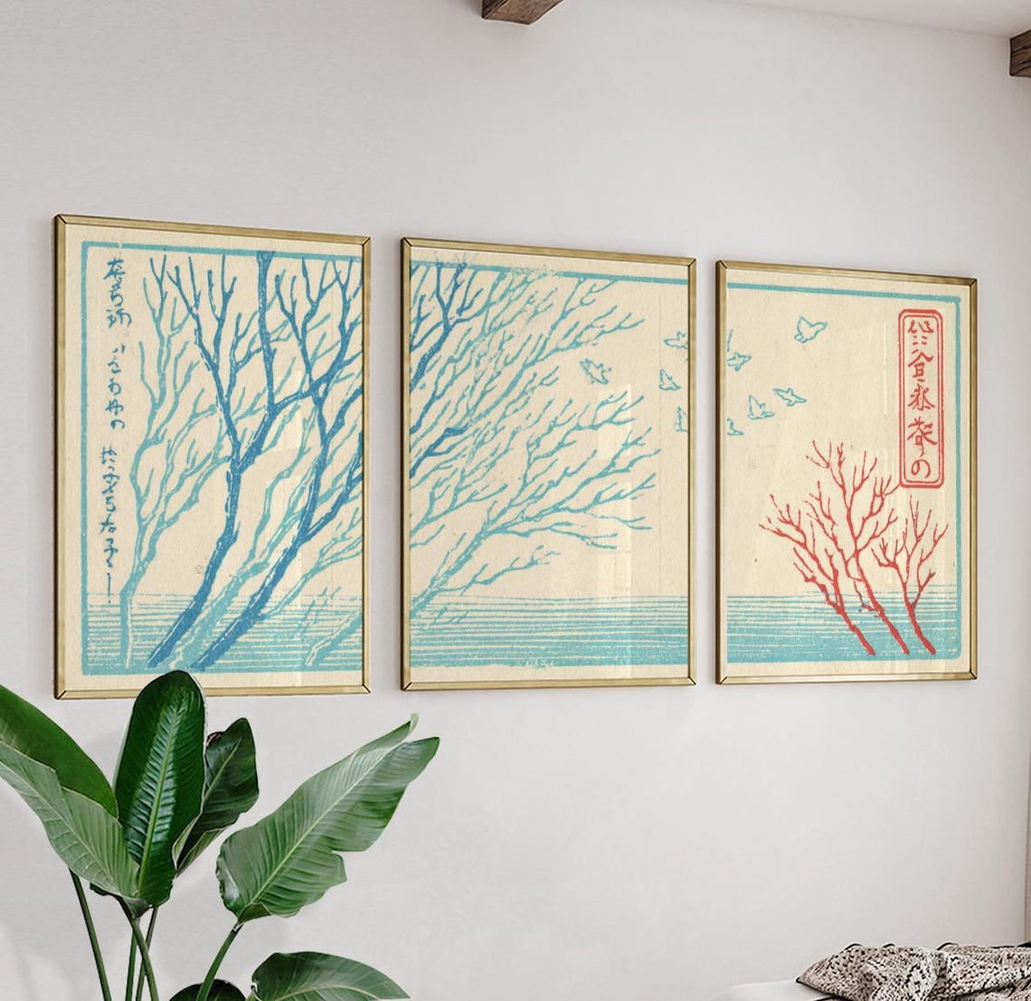 Blue Japanese Tree Minimalist Botanical Landscape Japandi Nature Decor ...