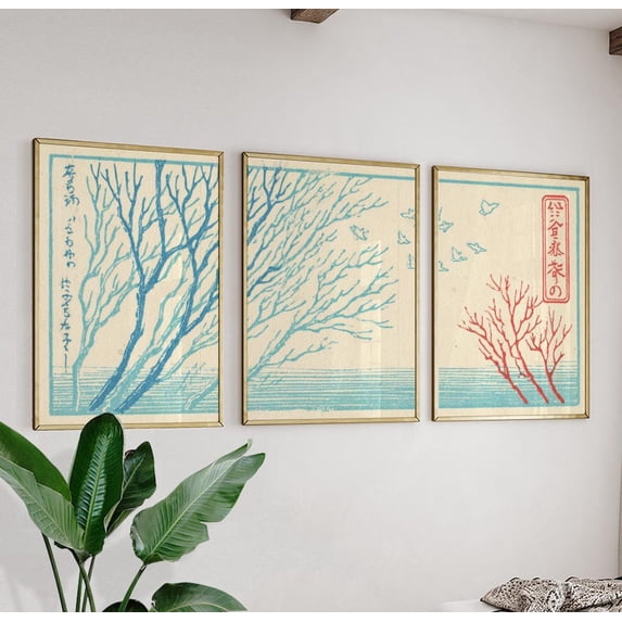 Blue Japanese Tree Minimalist Botanical Landscape Japandi Nature Decor ...
