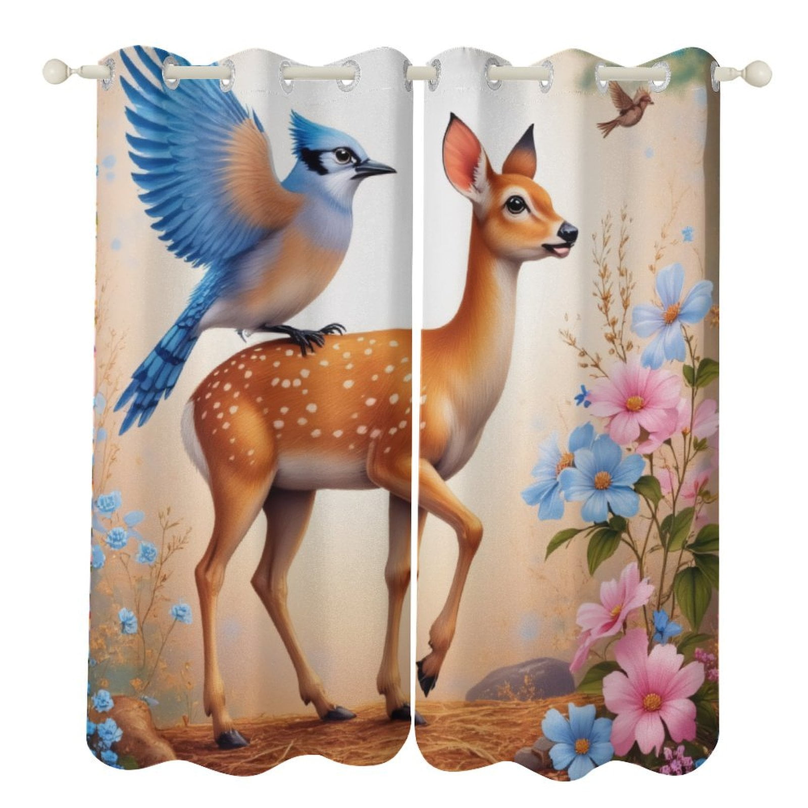 Blue Jay And Fawn in Garden 2 Panels Curtains for Bedroom Living Room Drapes Kitchen Window ...