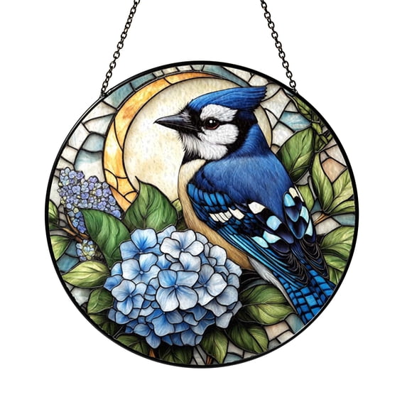 Blue Jay Bird Floral Stained Glass Style Suncatcher Window Hanging ...