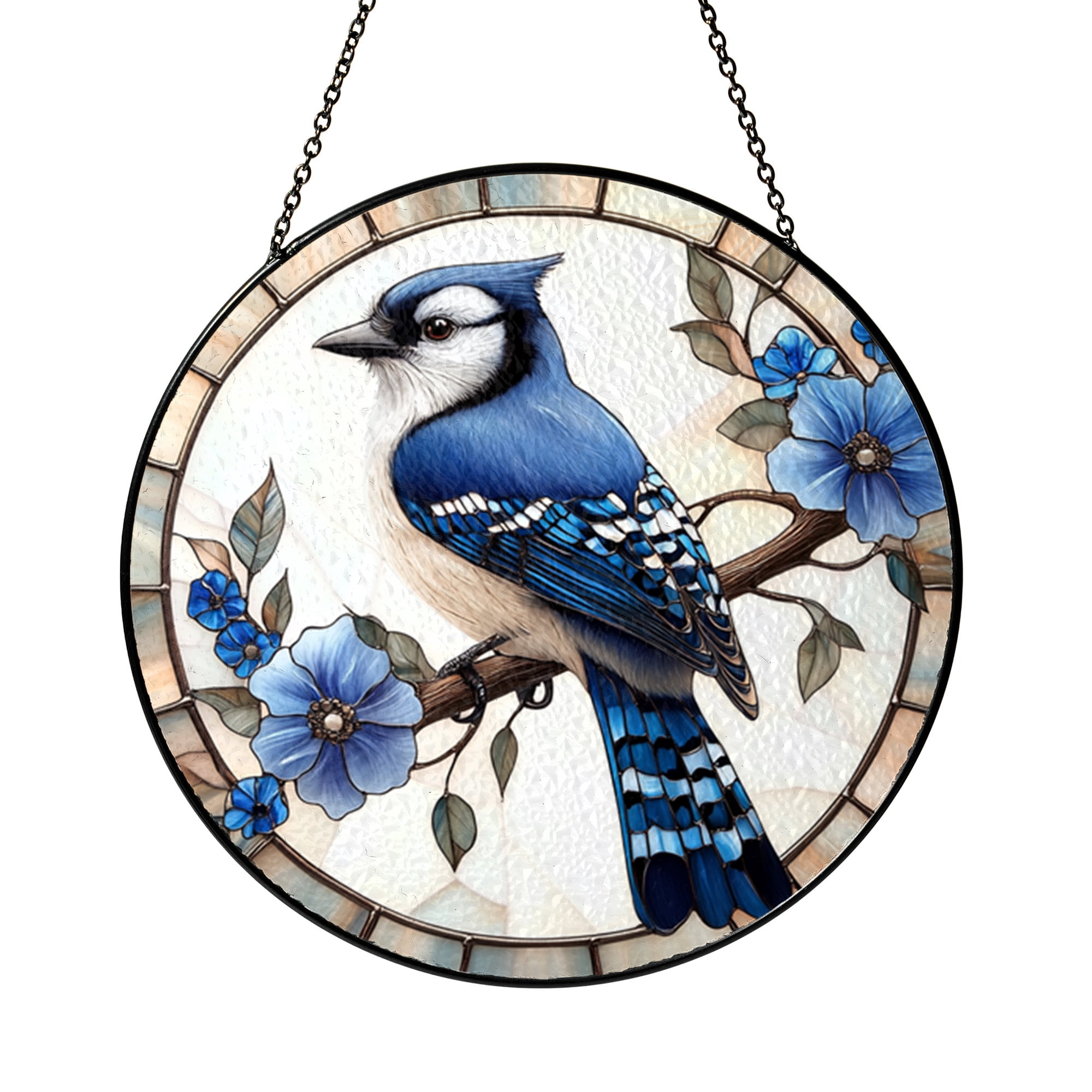 Blue Jay Bird Floral Stained Glass Style Window Suncatcher, Decorative ...
