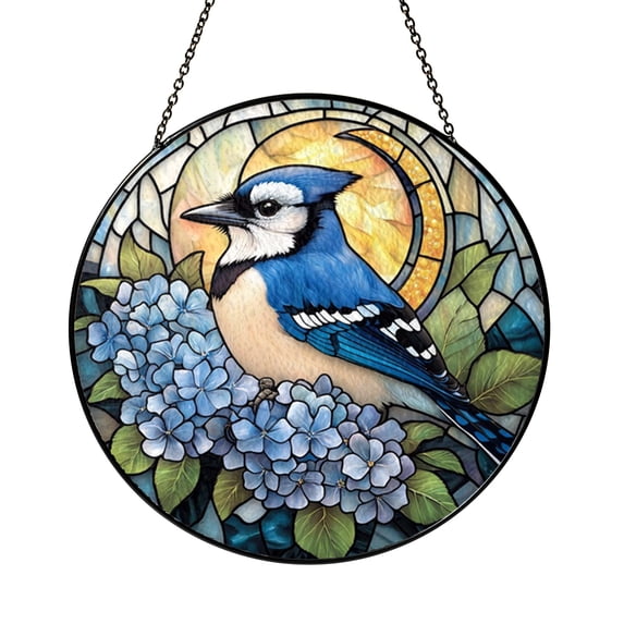 Blue Jay Bird Hydrangea Stained Glass Style Suncatcher Window Hanging ...