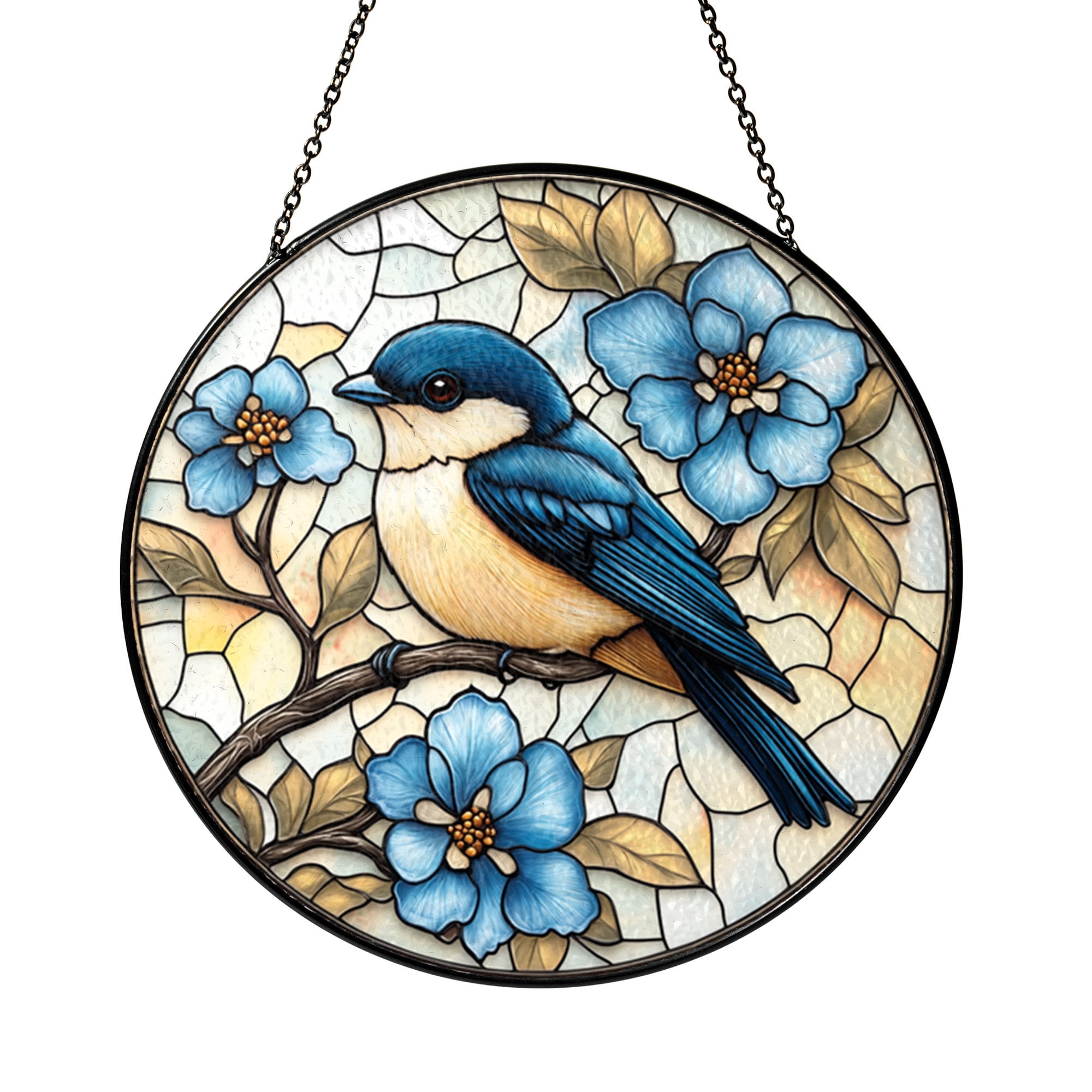 Blue Jay Bird with Blue Flowers Stained Glass Suncatcher – Decorative ...