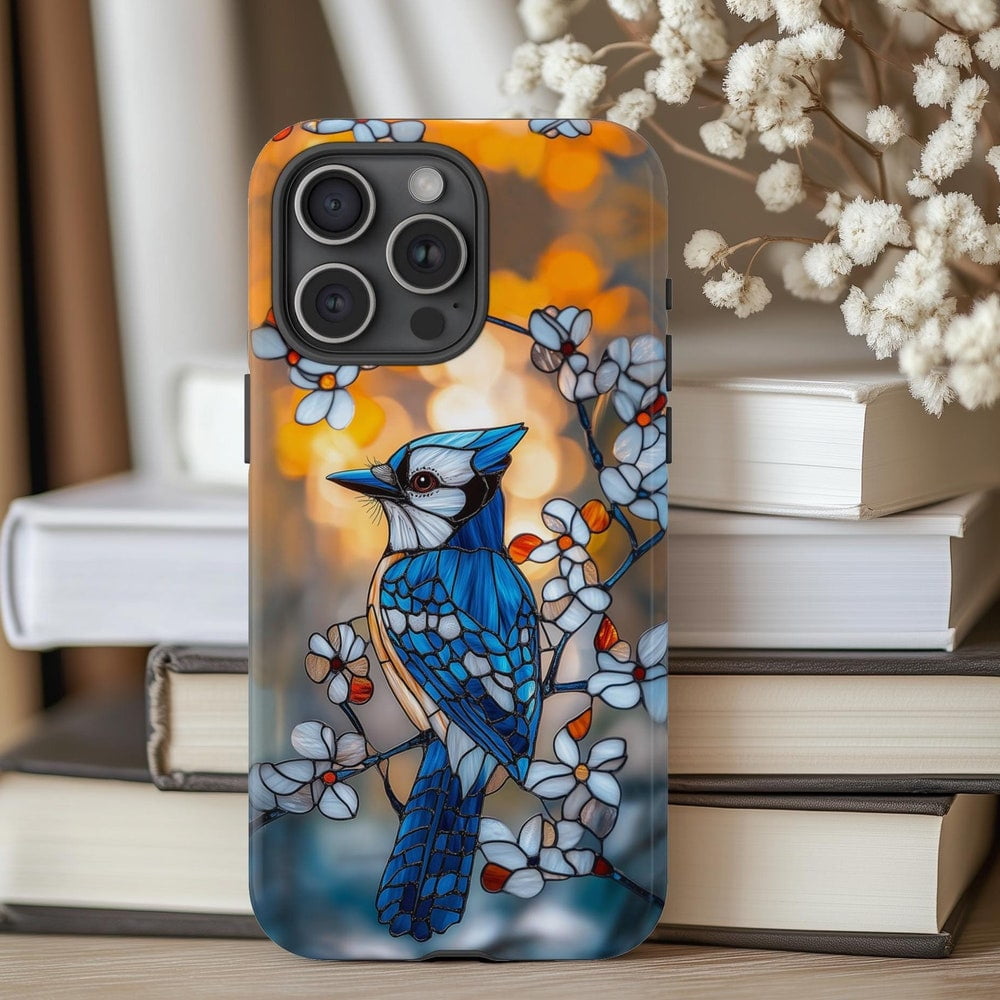 Blue Jay Faux Stained Glass Nature Bird Phone Case for 17 16 15 14 13 ...