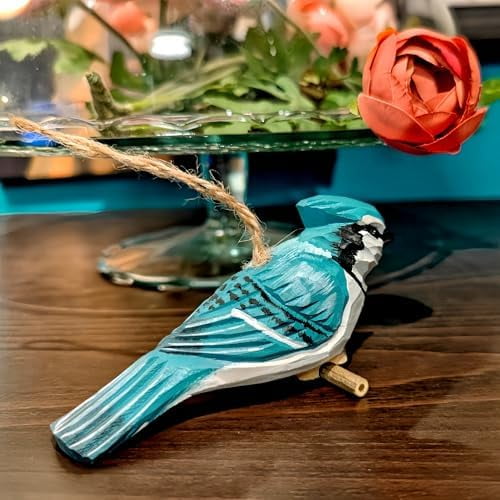 Blue Jay Hand-Carved Wooden Bird Figurine - Hanging Decor for Indoor ...