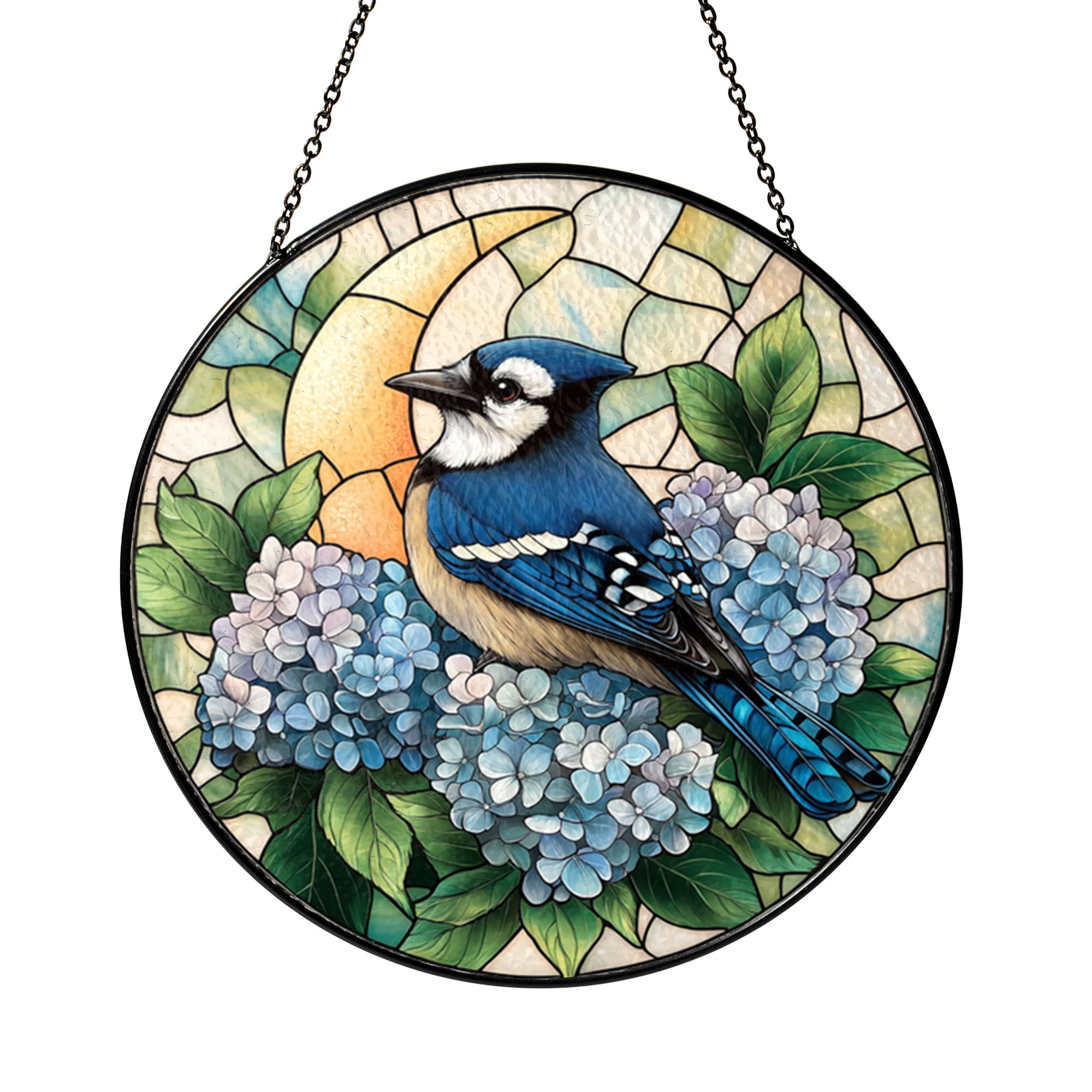 Blue Jay Hydrangea Floral Window Hanging Stained Glass Style Suncatcher ...
