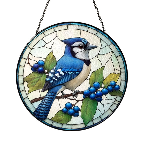 Blue Jay Hydrangea Stained Glass Suncatcher, Round Bird Window Panel ...