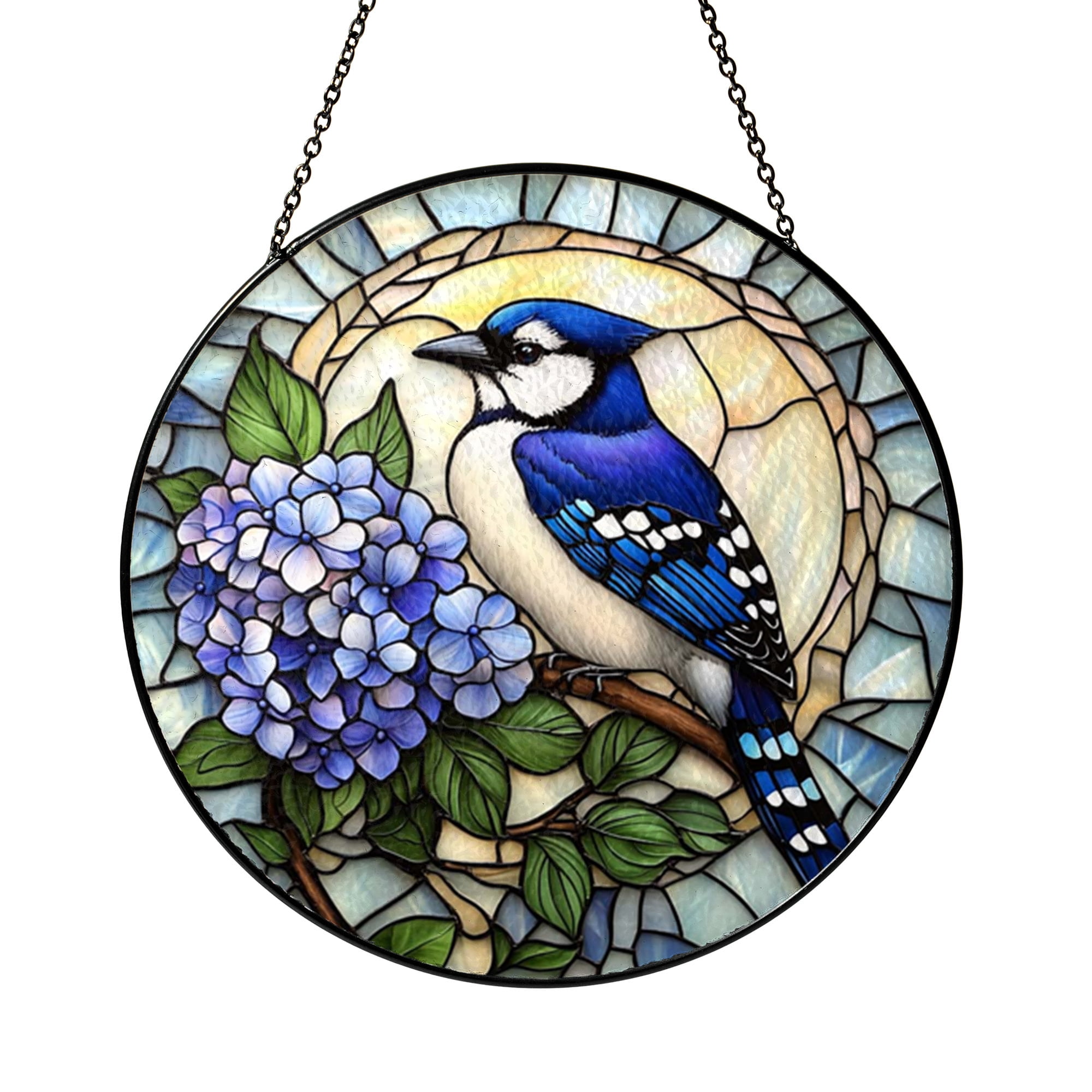 Blue Jay Hydrangea Window Hanging Stained Glass Style Suncatcher Decor ...