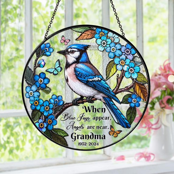 Blue Jay Memorial Stained Glass Suncatcher – “When Blue Jays Appear ...