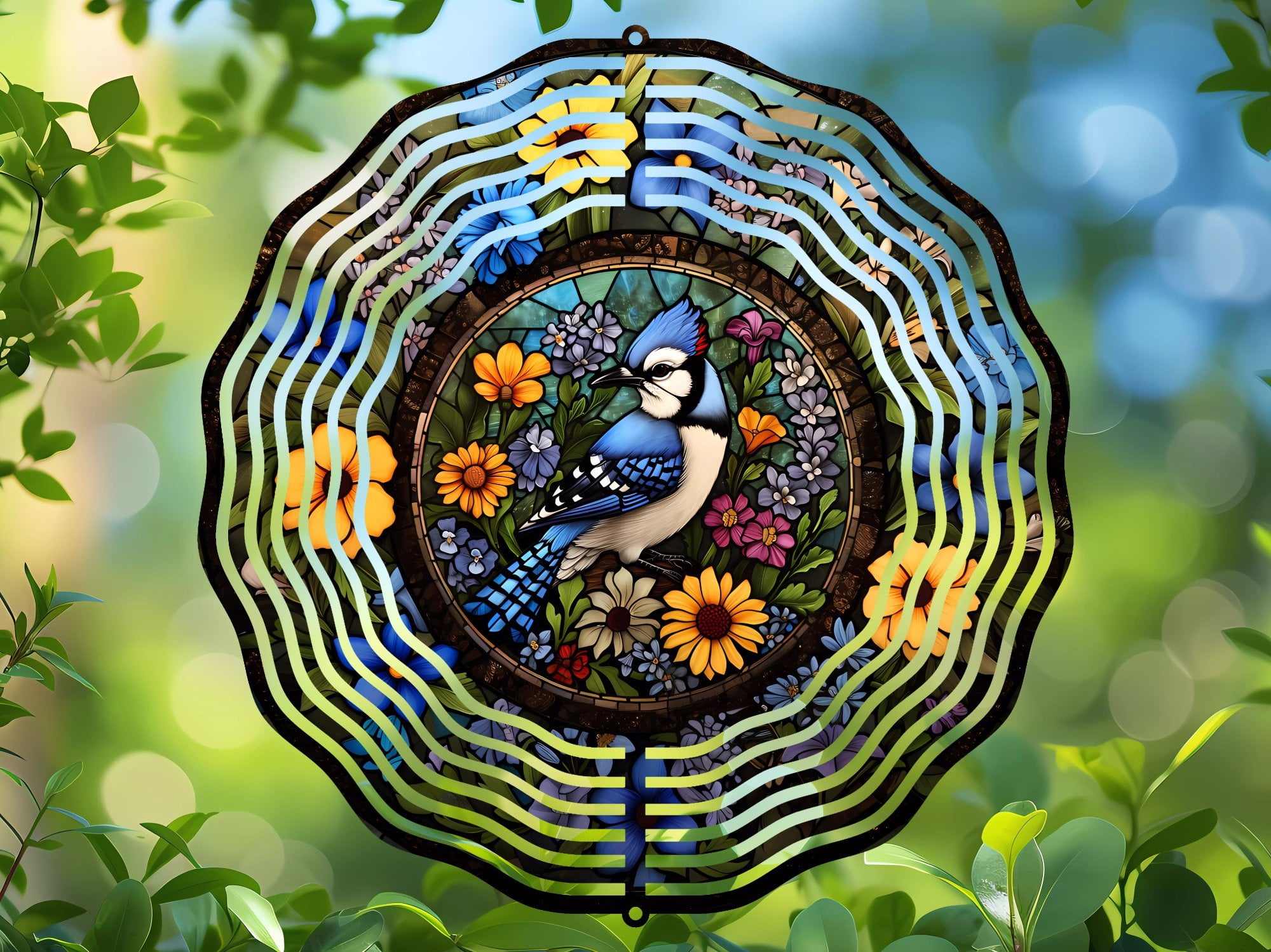 Blue Jay Stained Glass Effect 3D Wind Spinner, Kinetic Stainless Steel ...
