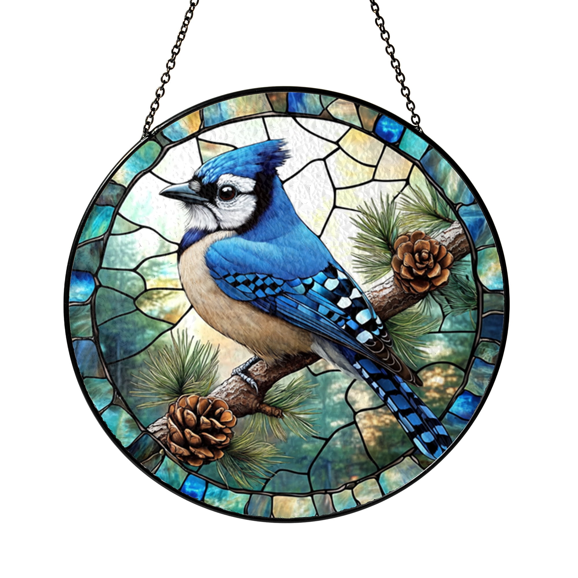 Blue Jay Stained Glass Style Suncatcher Window Hanging, Winter Bird Art ...