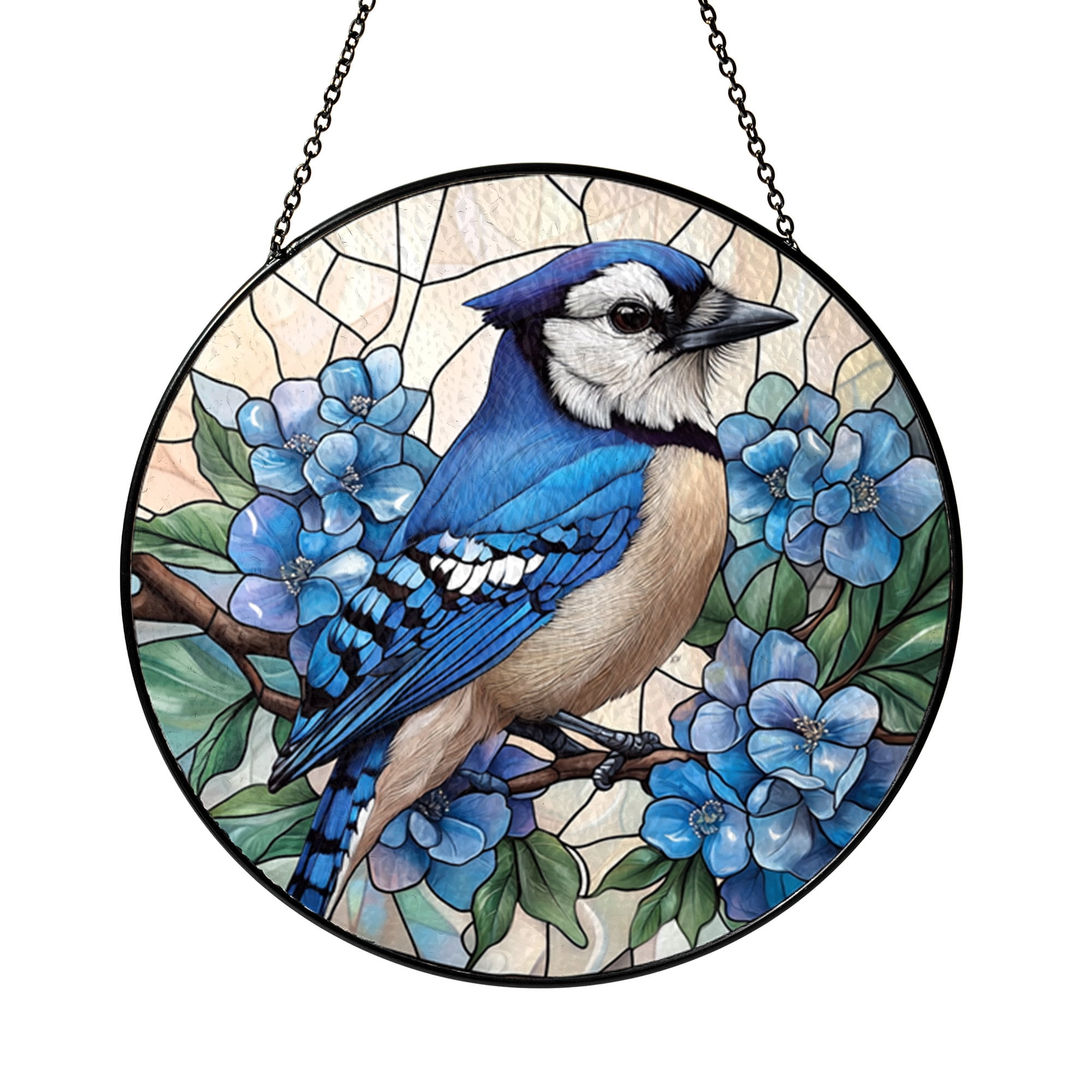 Blue Jay Stained Glass Suncatcher – Bird and Blue Flowers Window Panel ...