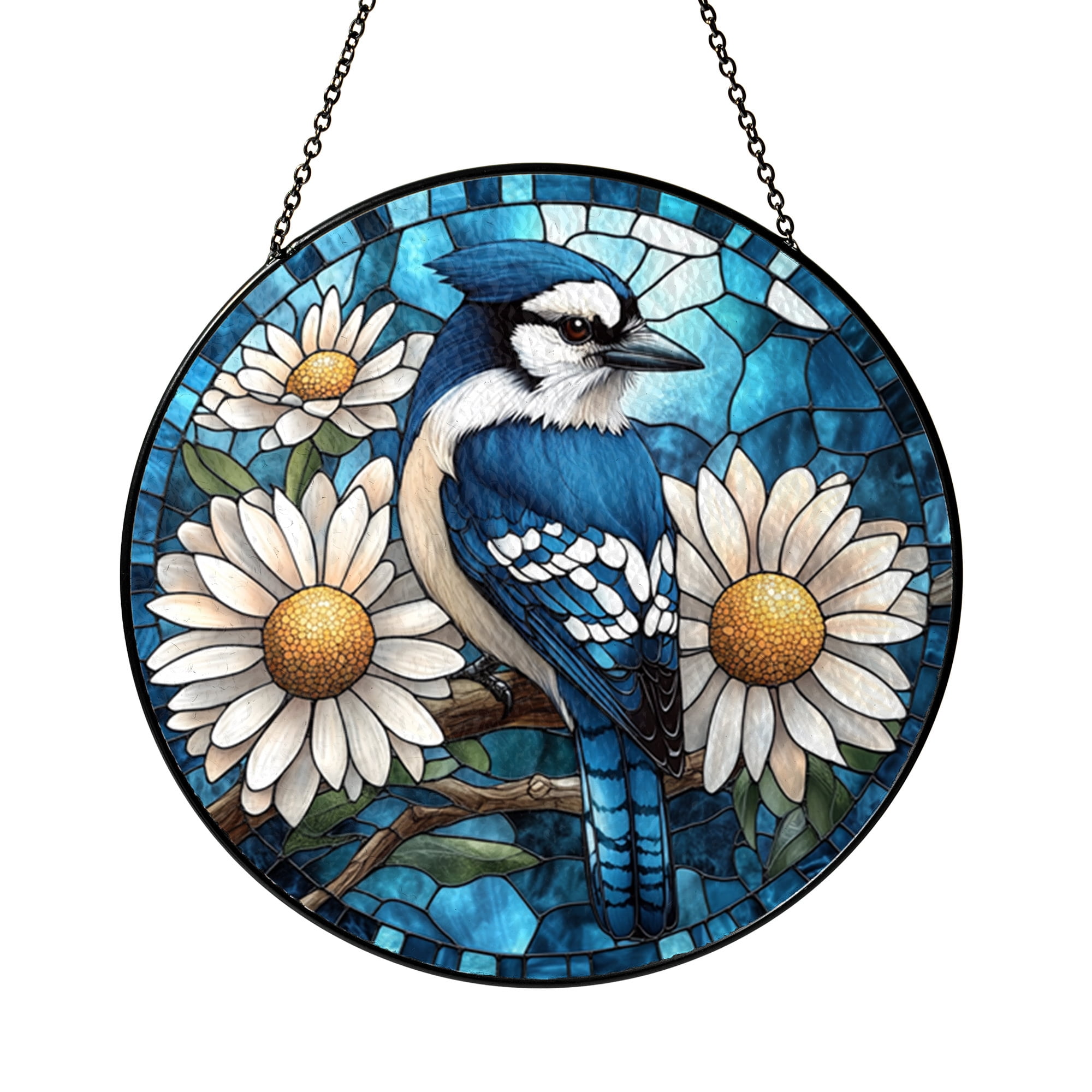 Blue Jay Stained Glass Suncatcher, Vibrant Bird and Daisy Window ...