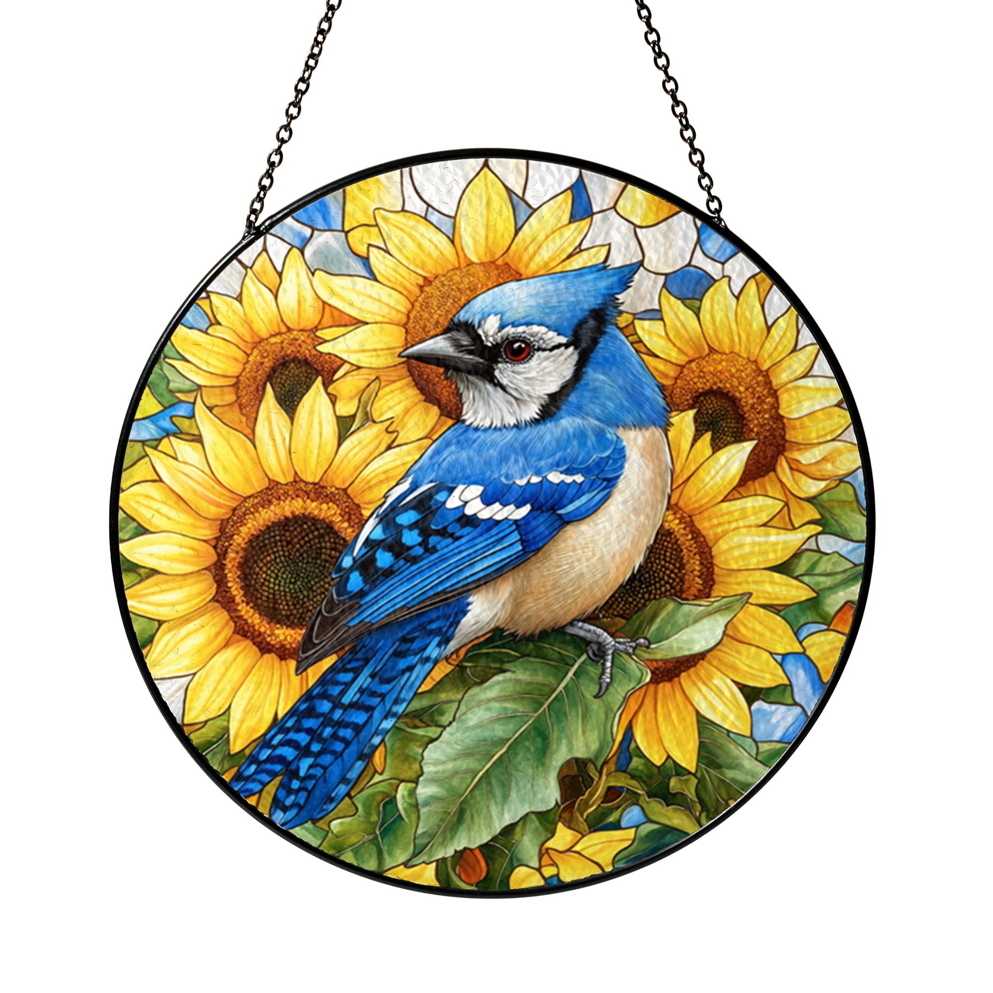 Blue Jay Sunflower Stained Glass Suncatcher – Bird Window Panel, Bright ...