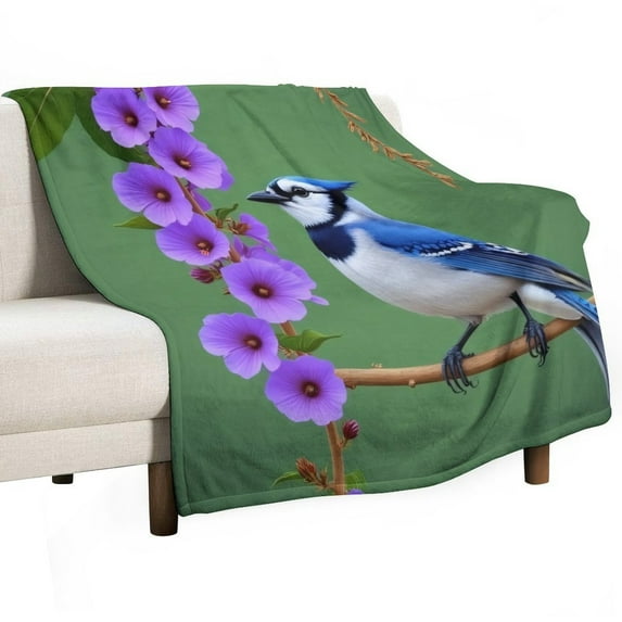 Blue Jay on Branch with Purple Flowers Throws Blankets for Sofa Bed ...