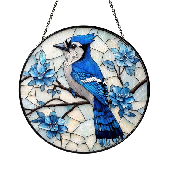 Blue Jay on Flower Branch Stained Glass Window Hanging Suncatcher ...