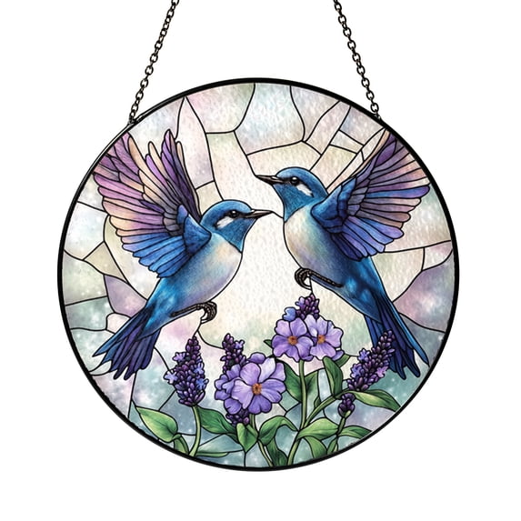 Blue Jays Flying Over Lavender Field Stained Glass Suncatcher, Round ...