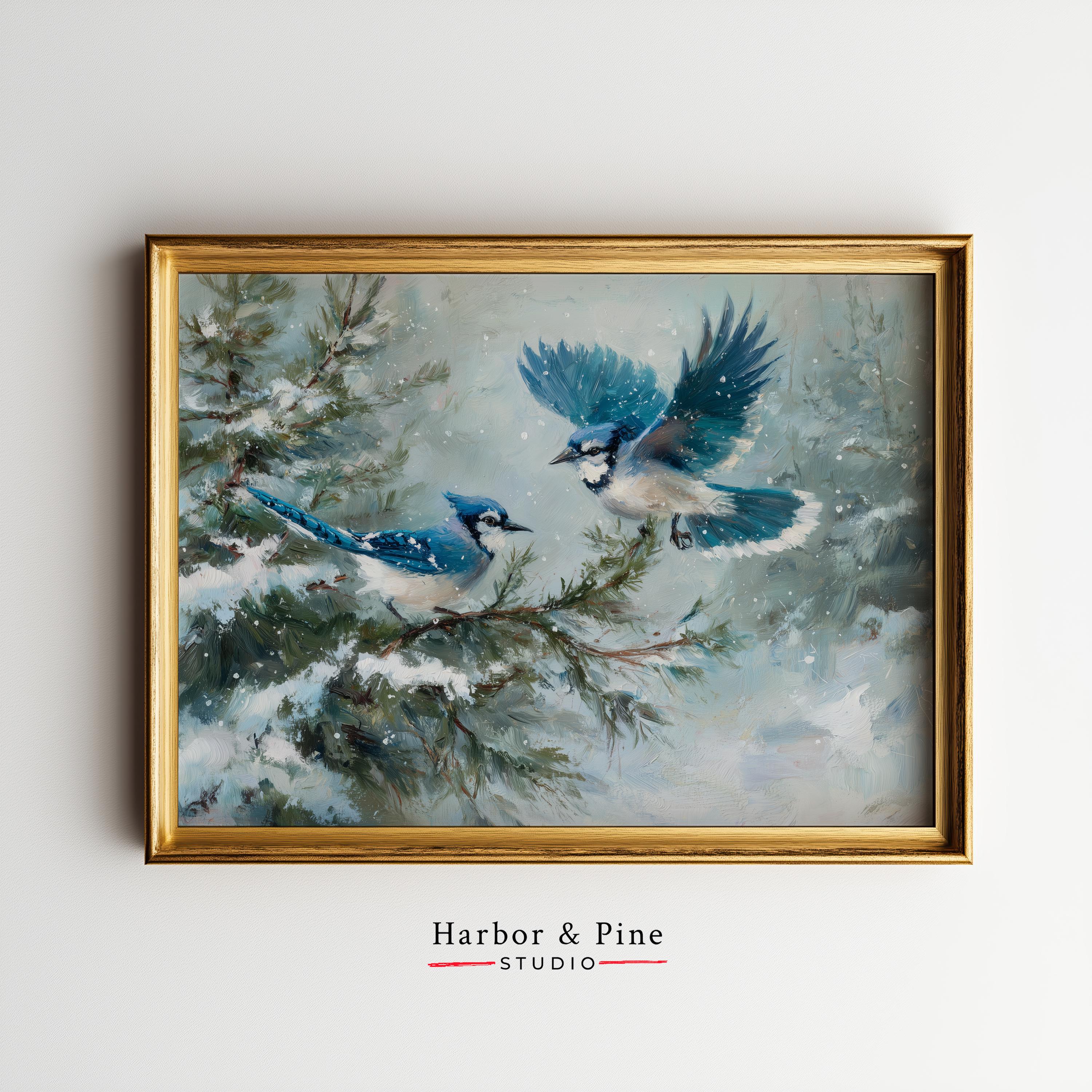 Blue Jays Gathering Twigs In Winter Scene - Moody Wildlife Art ...