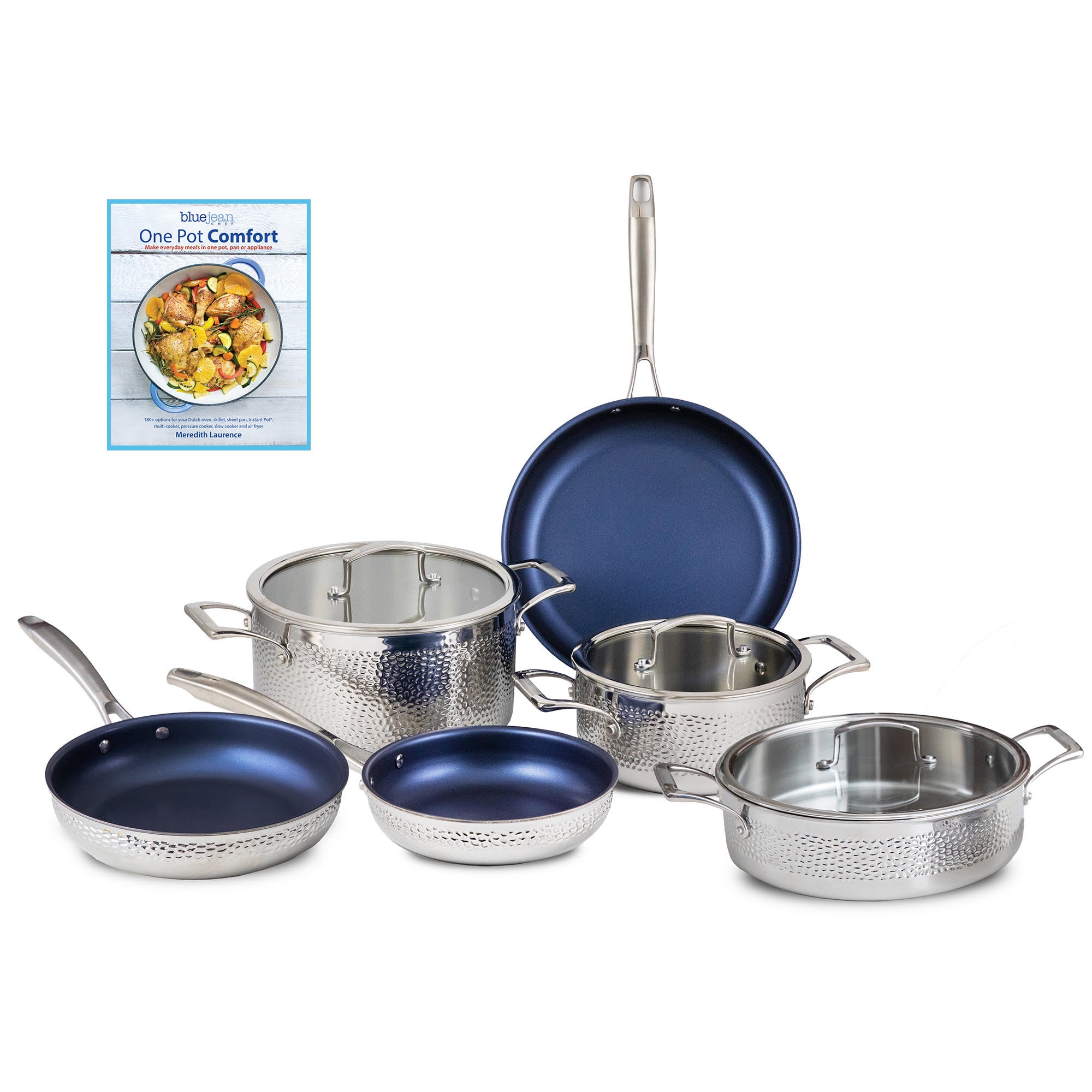 Blue Jean Chef 9-Piece Stainless Steel Cookware Set, Hammered Finish ...