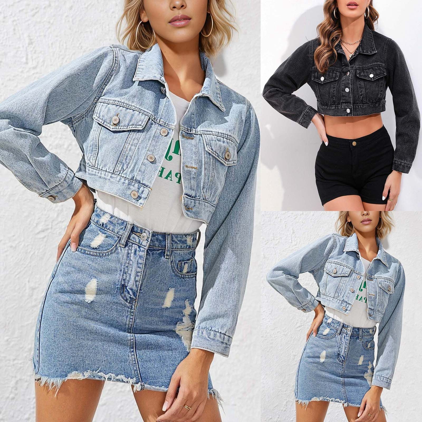 Blue Jean Jackets Women Women's Cropped Jean Jacket Button Long Sleeve ...