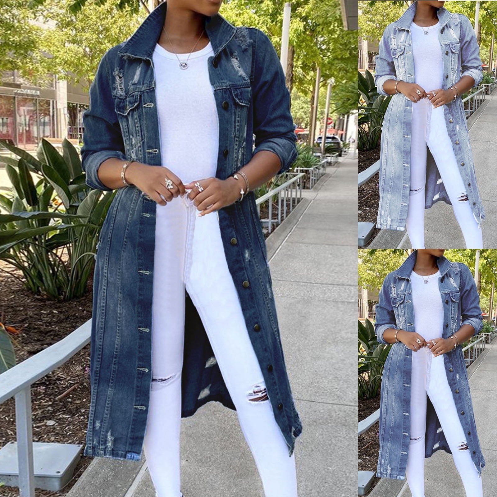 Blue Jean Jackets Women Womens Long Denim Trench Coat With Distressed ...