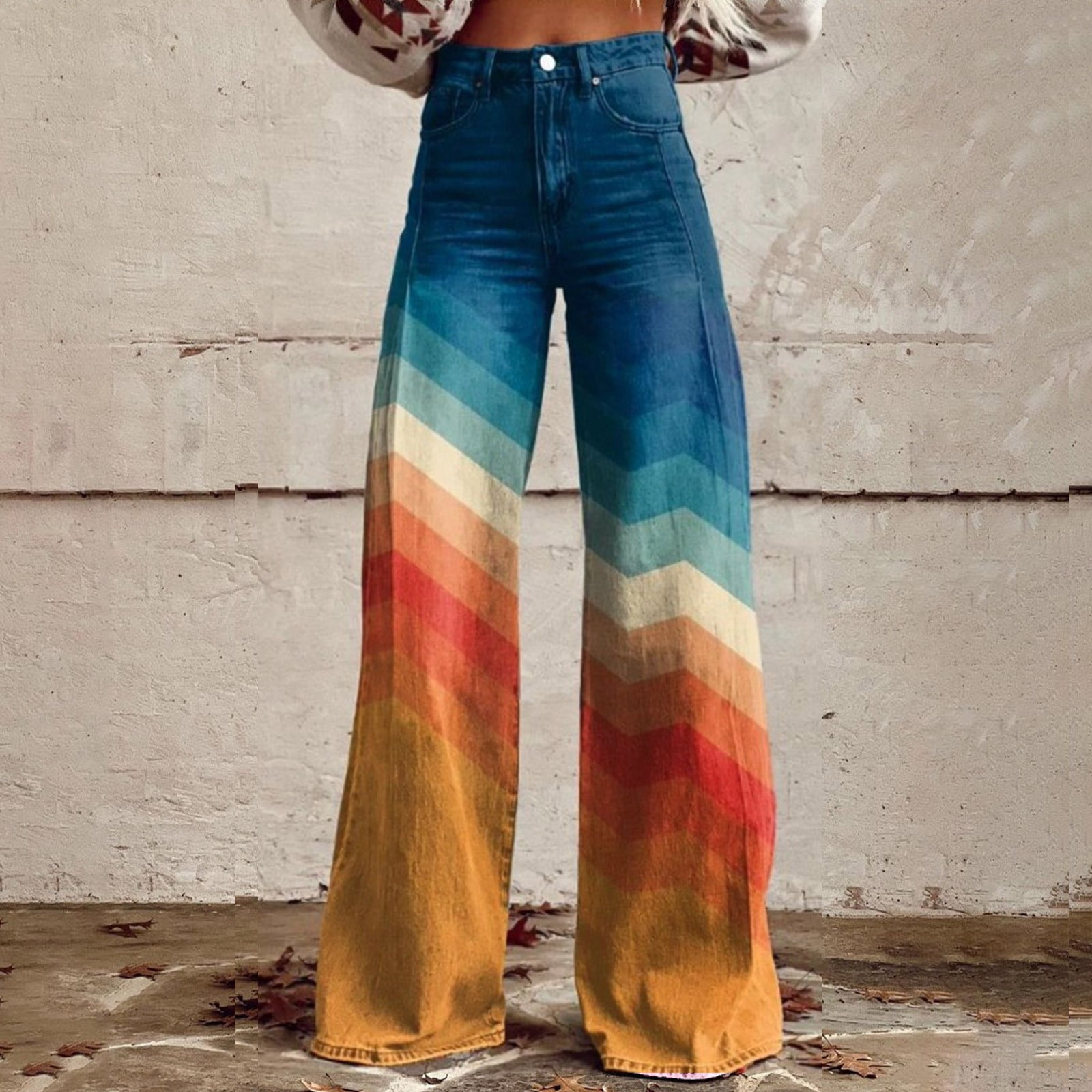 Blue Jeans for Women Wide Leg Pants Woman High Waist Floral Patterned ...