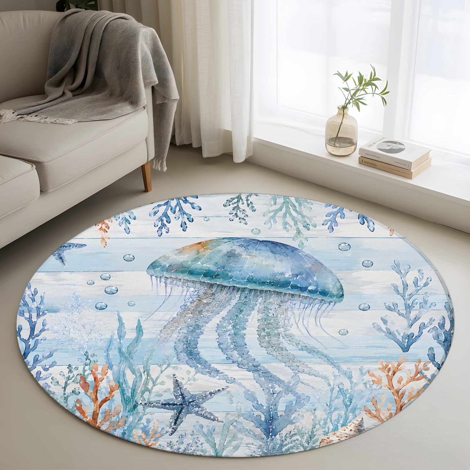 Blue Jellyfish 4FT Round Area Rugs Nautical Coastal Shell Bubble Wood ...