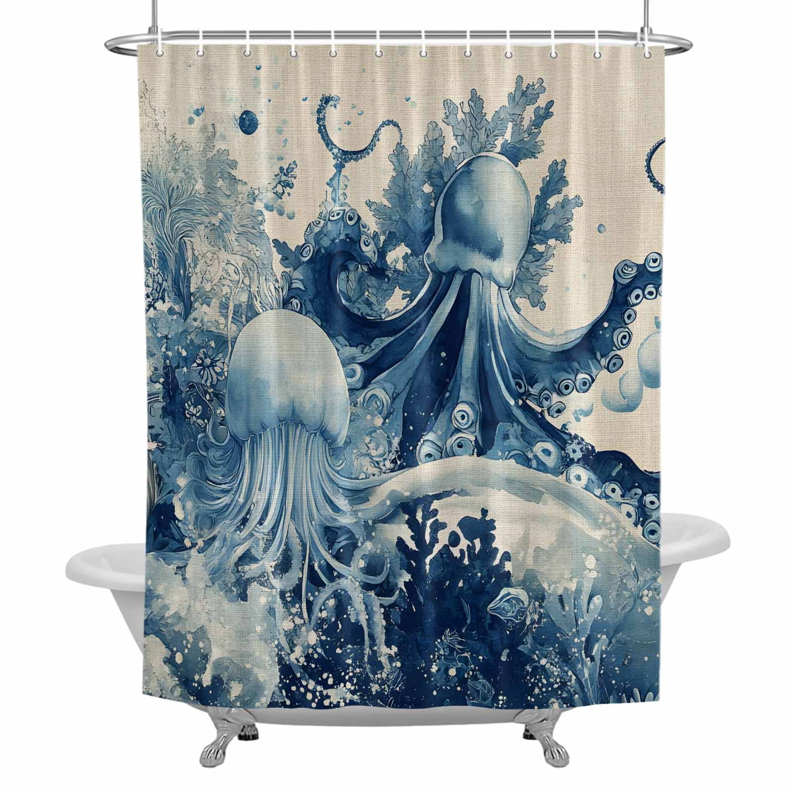 Blue Jellyfish Bathroom Shower Curtain, Marine Animal Coral Shell Ocean ...