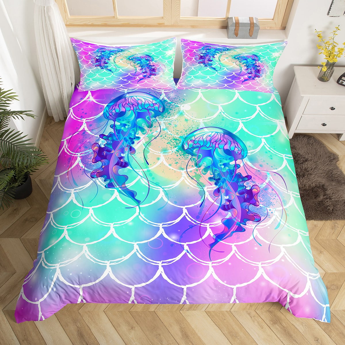 Blue Jellyfish Bedding Set for Girls Boys,Ocean Comforter Cover Pastel Teal Purple Mermaid Scale ...