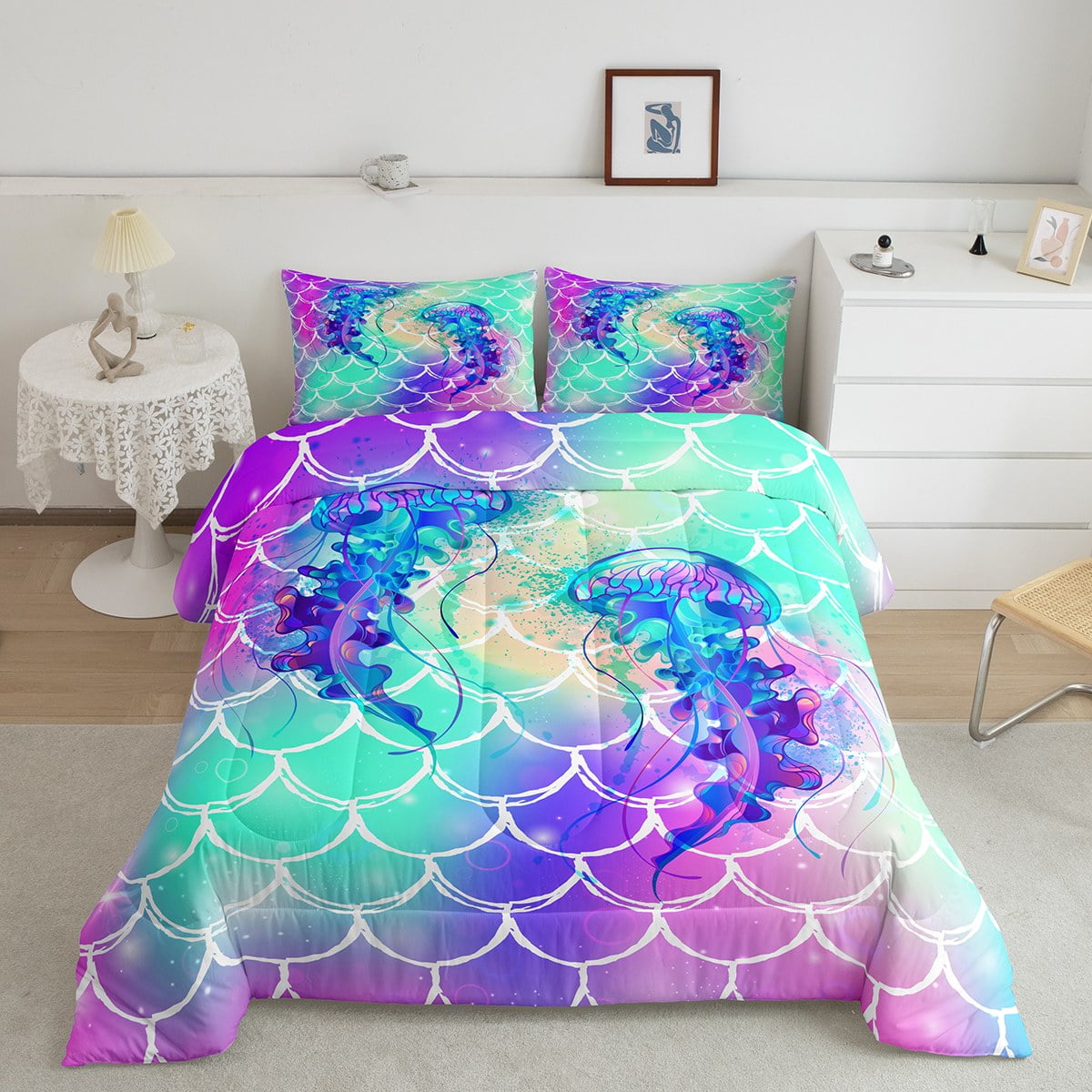 Blue Jellyfish Bedding Set for Girls Boys,Ocean Quilt Pastel Teal ...