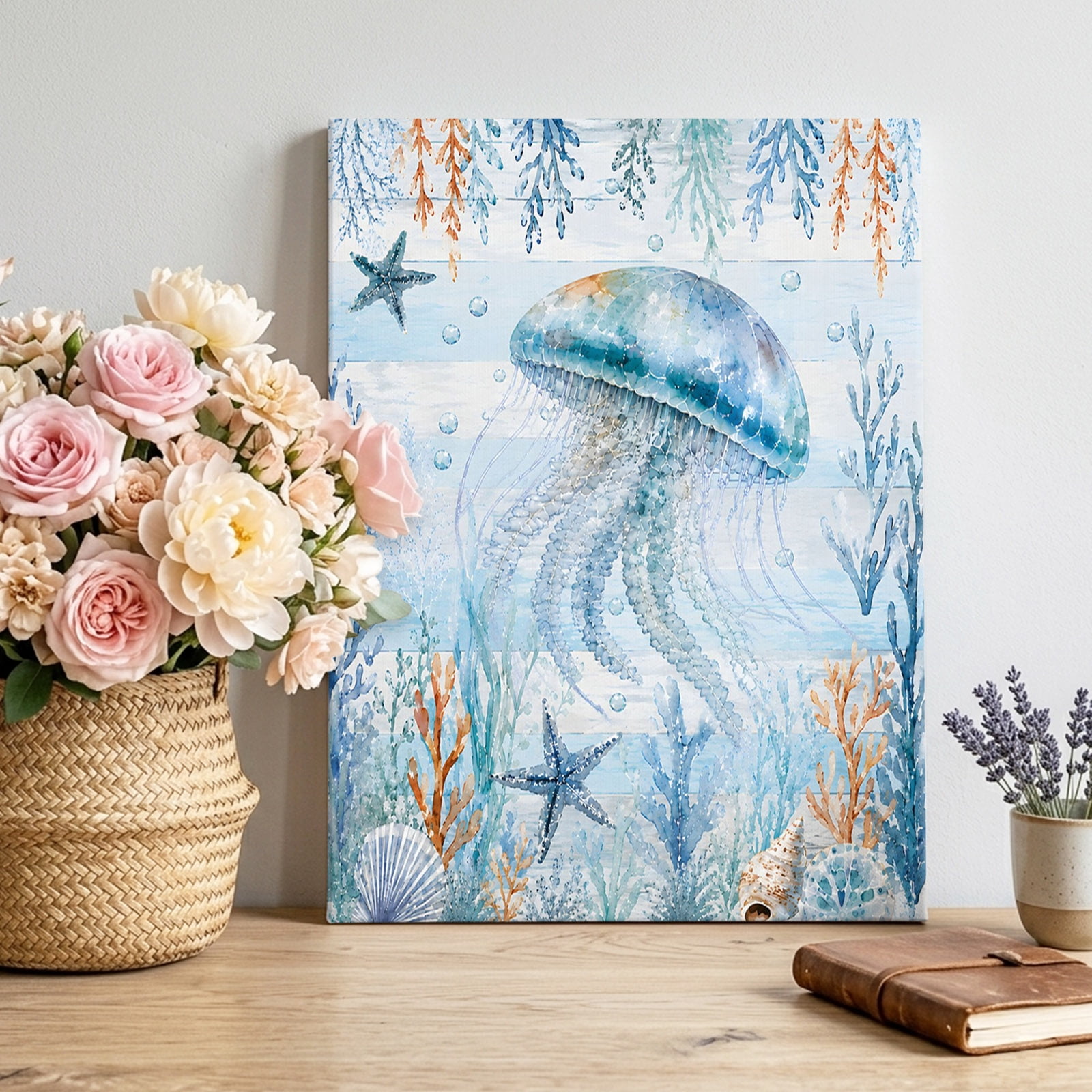 Blue Jellyfish Canvas Wall Art for Living Room, Nautical Coastal Shell ...