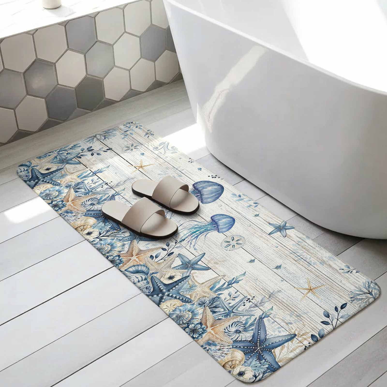 Blue Jellyfish Coastal Bathroom Runner Rugs Non Slip Washable Absorbent ...