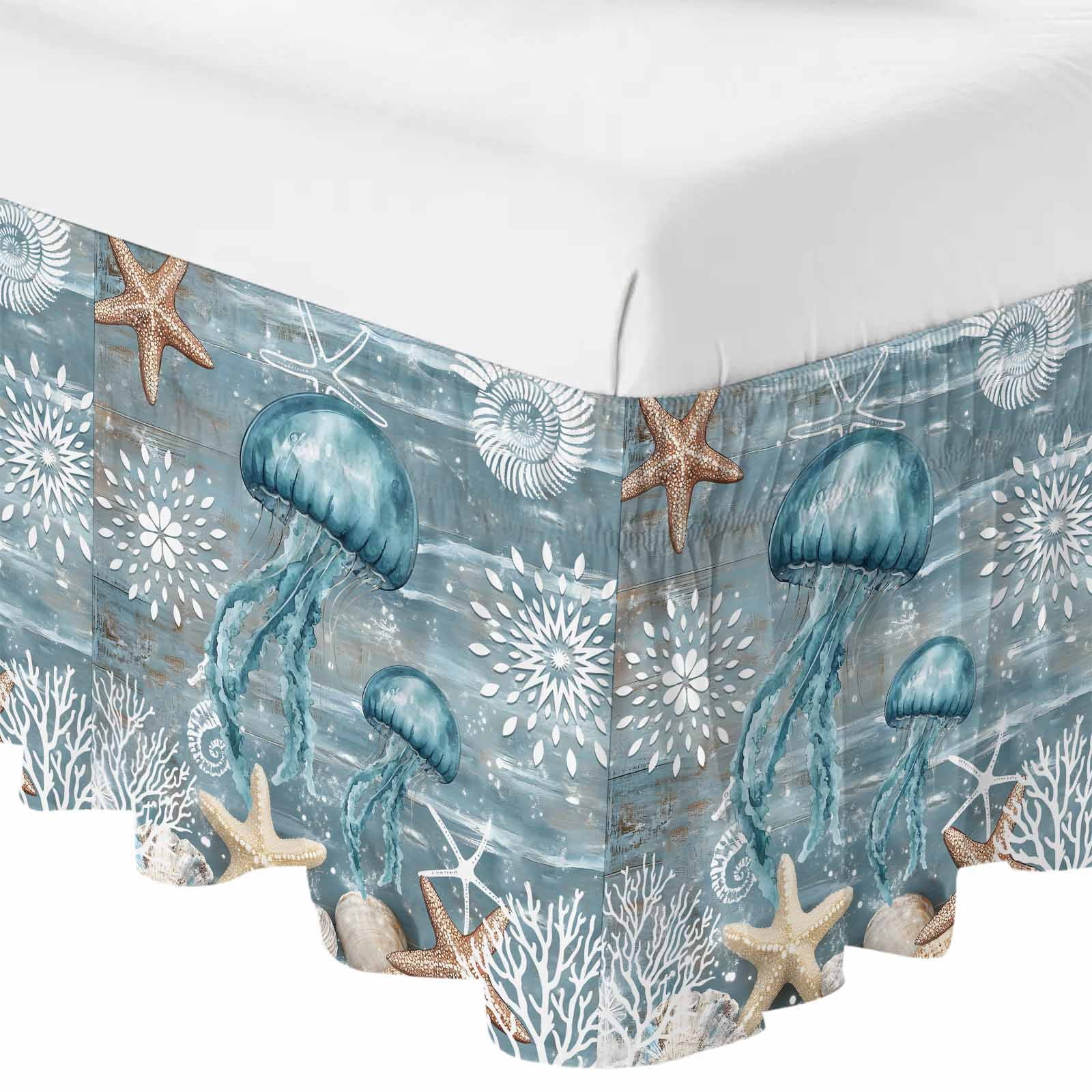 Blue Jellyfish Coastal Bed Skirt Queen Size 18 Inch Drop, Elastic Wrap ...