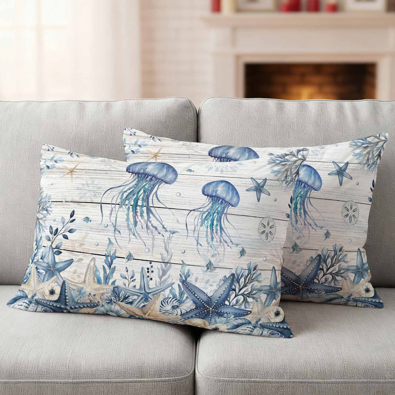 Blue Jellyfish Coastal Outdoor Waterproof Throw Pillow Covers 20x12 Set ...