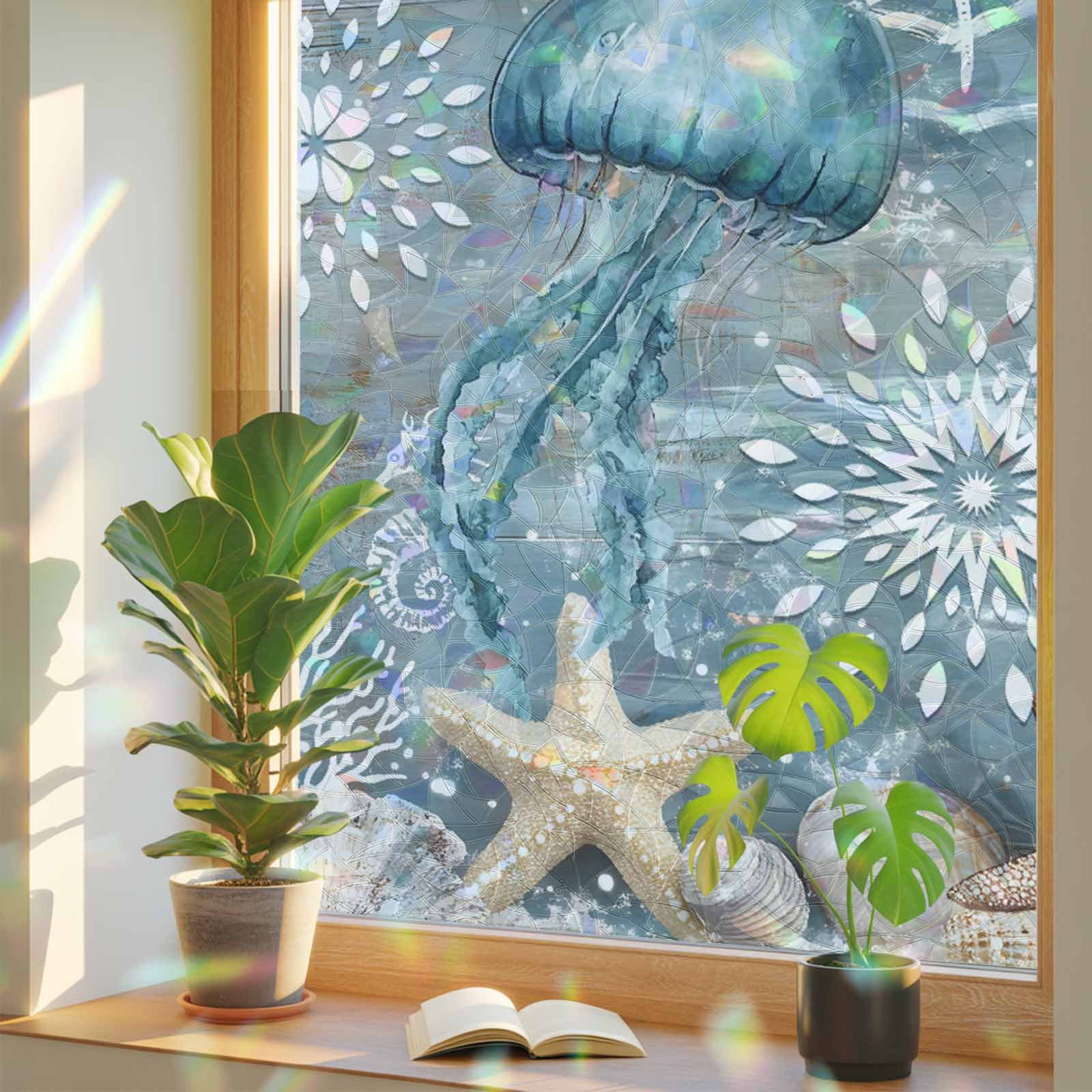 Blue Jellyfish Coastal Privacy Window Film,Decorative Stained Glass ...