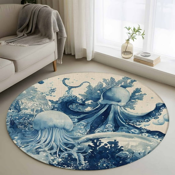 Blue Jellyfish Coastal Round Rug 3.3ft Washable Circle Entryway Rugs ...