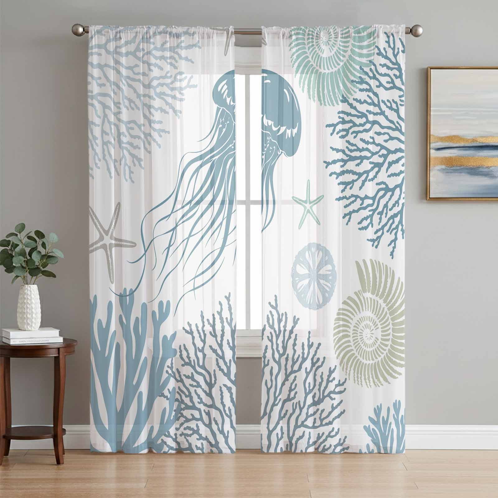 Blue Jellyfish Coastal Semi Sheer Curtains 63 Inch Length 2 Panels Set ...