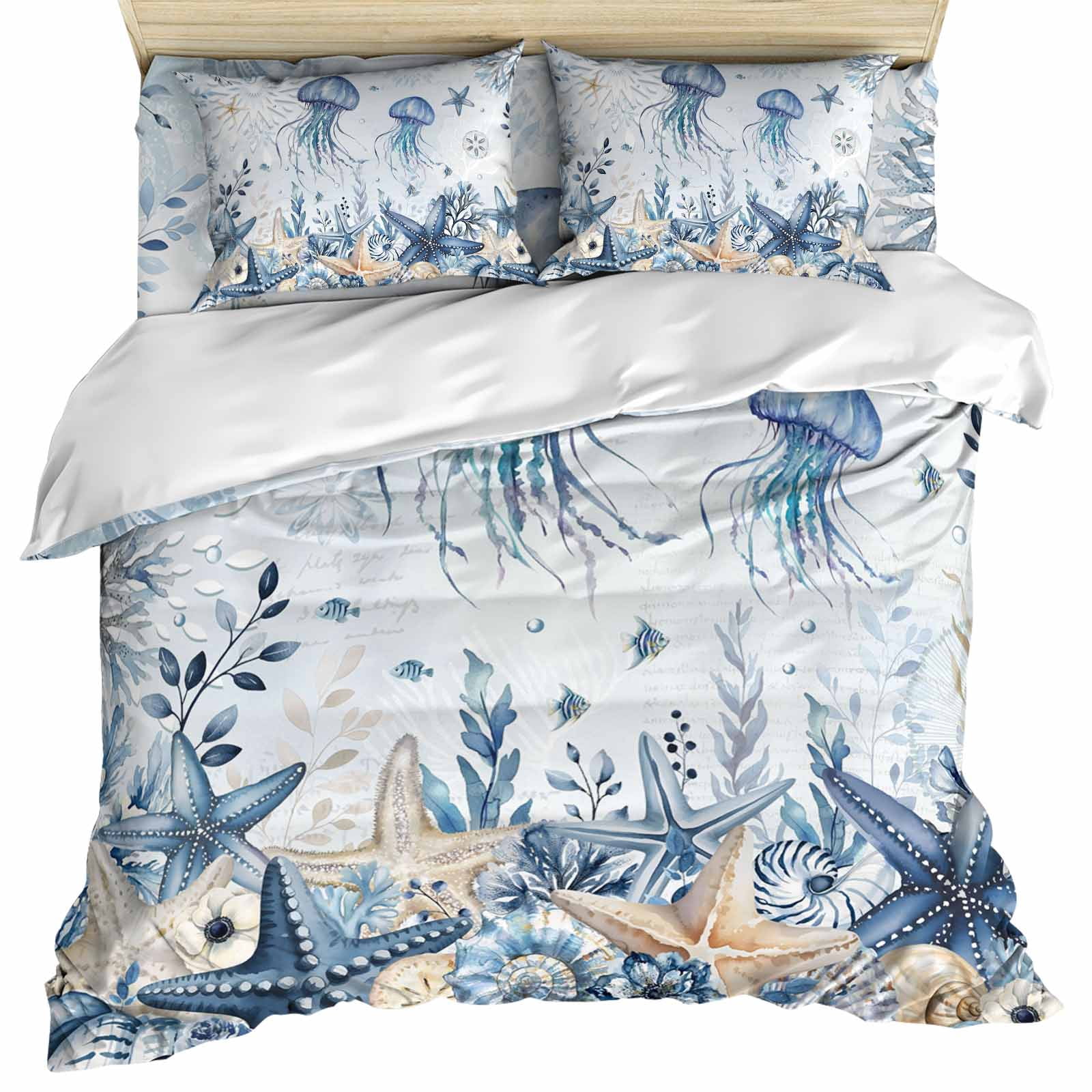 Blue Jellyfish Coastal Set of 4 Bedding Quilt Covers, Beach Starfish ...