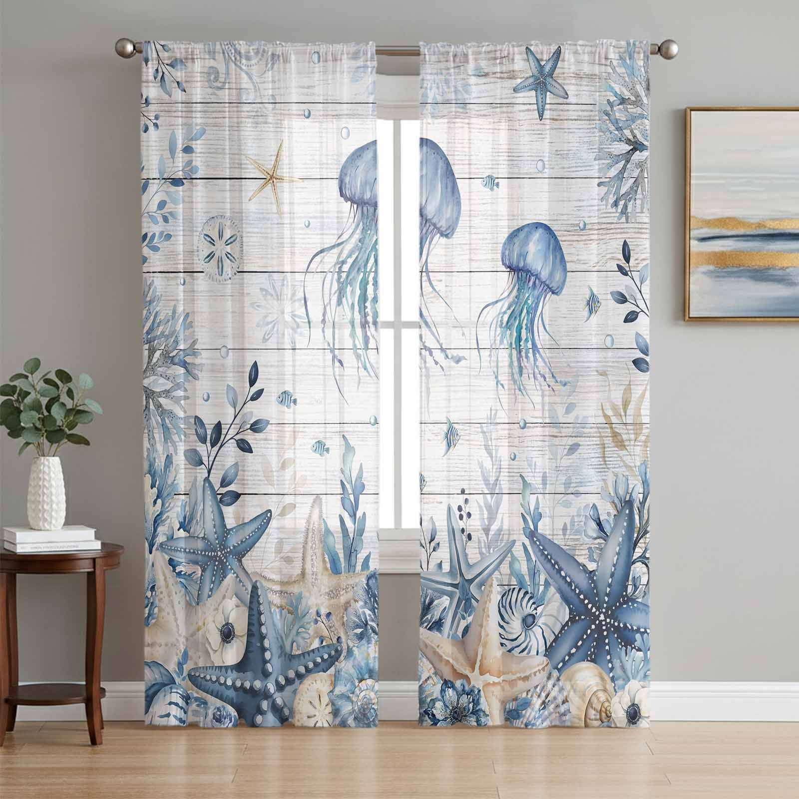 Blue Jellyfish Coastal Sheer Curtains for Living Room Bedroom Beach ...