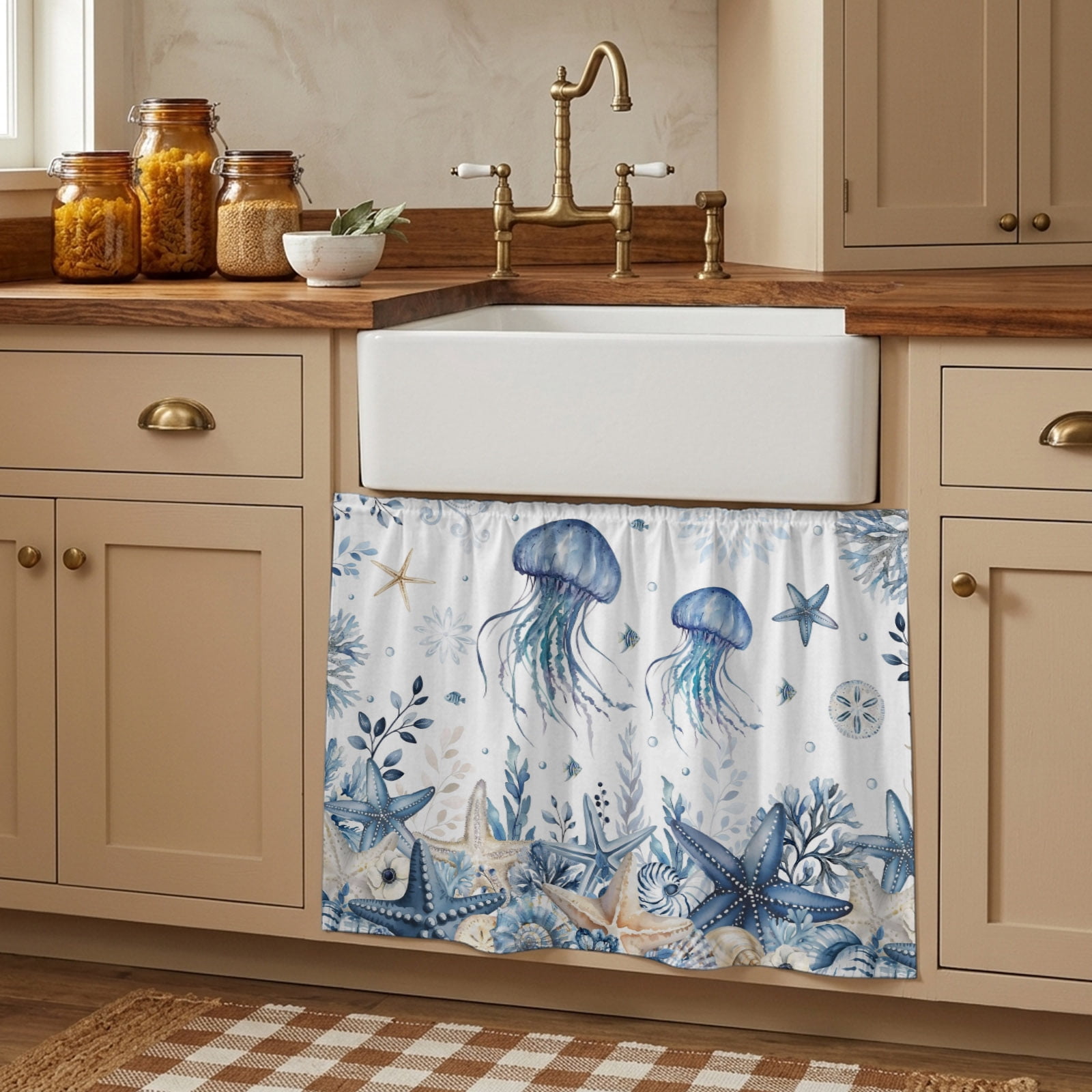 Blue Jellyfish Coastal Small Cabinet Curtains 11"W x 13"L, Beach ...