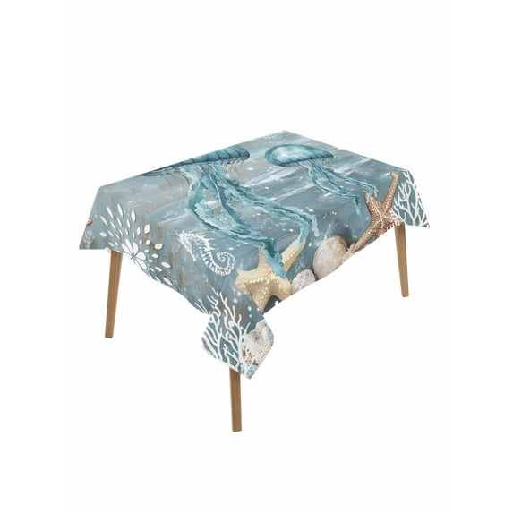 Blue Jellyfish Coastal Table Cloth, Summer Beach Nautical Starfish ...