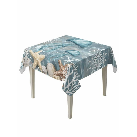 Blue Jellyfish Coastal Table Cloth, Summer Beach Nautical Starfish ...