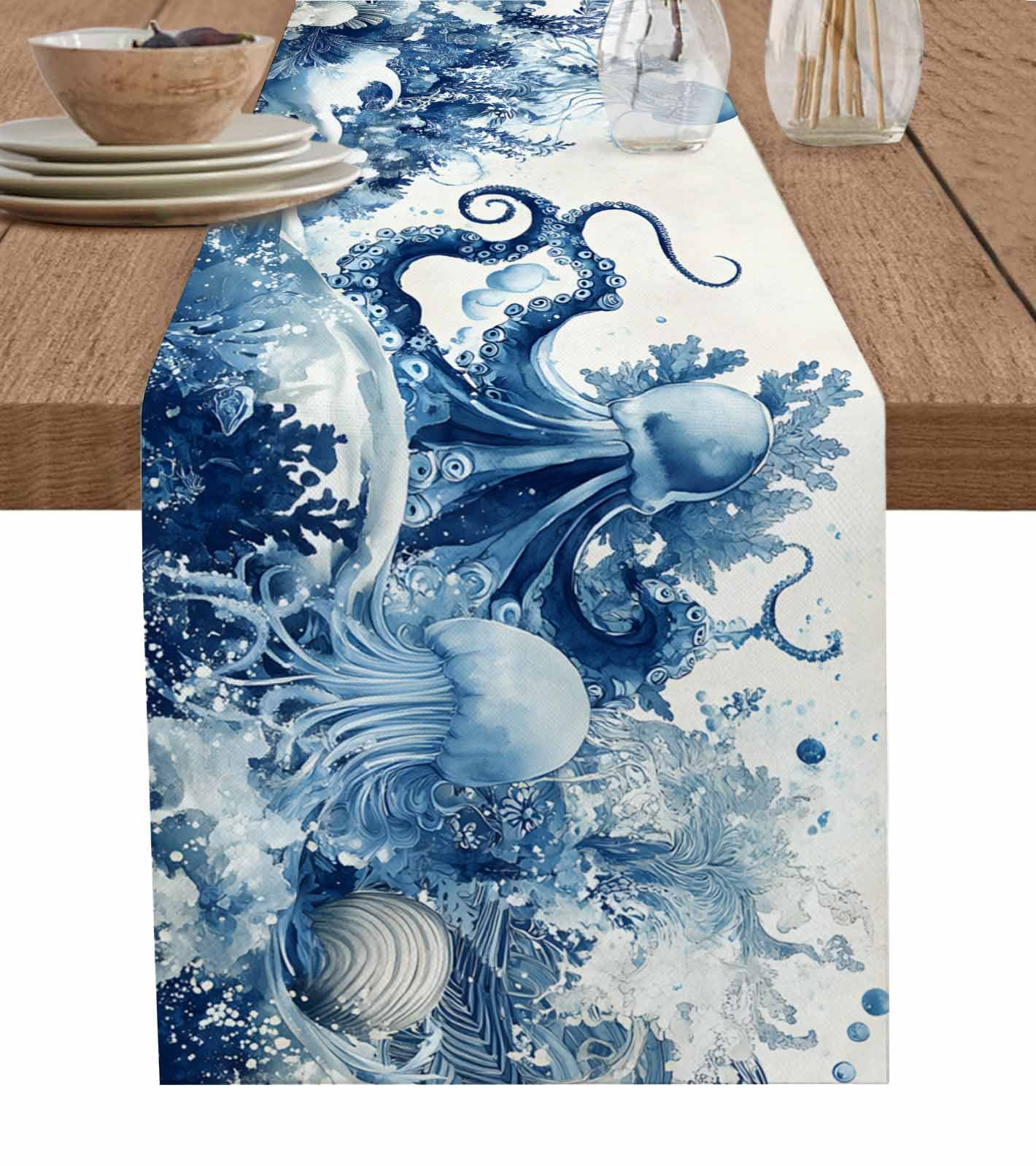Blue Jellyfish Coastal Table Runner 120 Inches, Nautical Octopus Summer ...