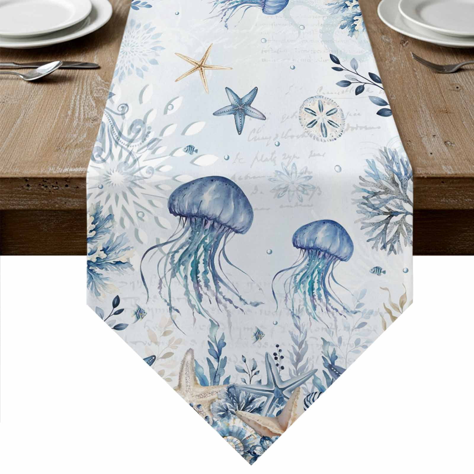 Blue Jellyfish Coastal Table Runner Linen Burlap Table Runner 48 Inches ...