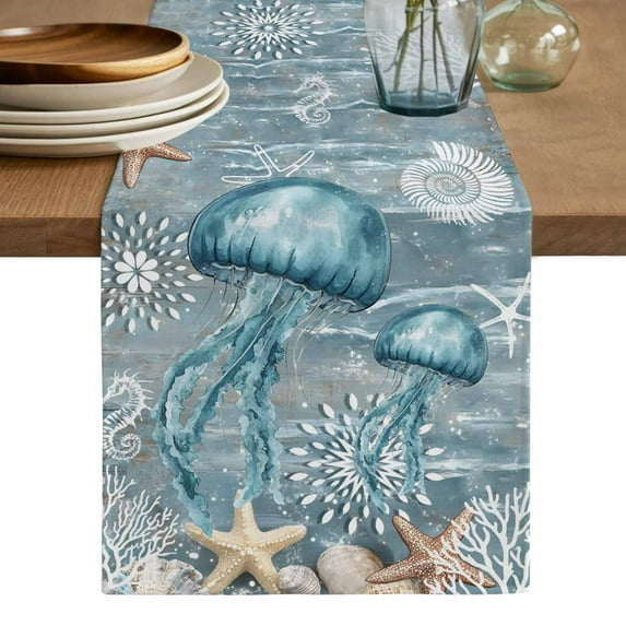 Blue Jellyfish Coastal Table Runner, Summer Beach Nautical Starfish ...