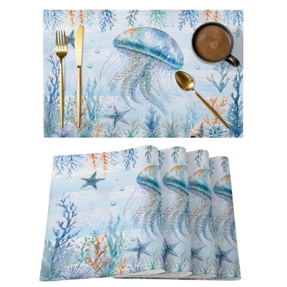 Blue Jellyfish Cotton Linen Placemats Set of 4, Nautical Coastal Shell ...