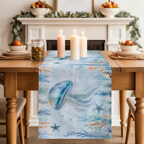 Blue Jellyfish Dining Table Runner, Nautical Coastal Shell Bubble Wood ...
