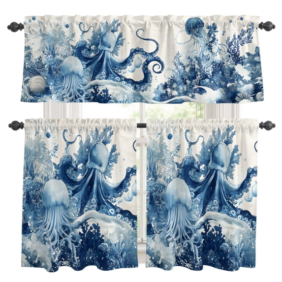 Blue Jellyfish Kitchen Curtains Set for Windows, Abstract Marine Animal ...